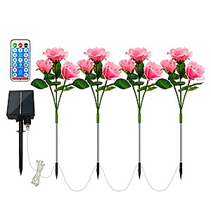PINPON Outdoor Solar Flower Lights - 4 Pack Red Roses Lights Outdoor Garden Decorative with 16 Oversized Red Roses Flowers, 8 Modes Remote Control Switch for Garden, Lawn, Patio, Pond, Backyard