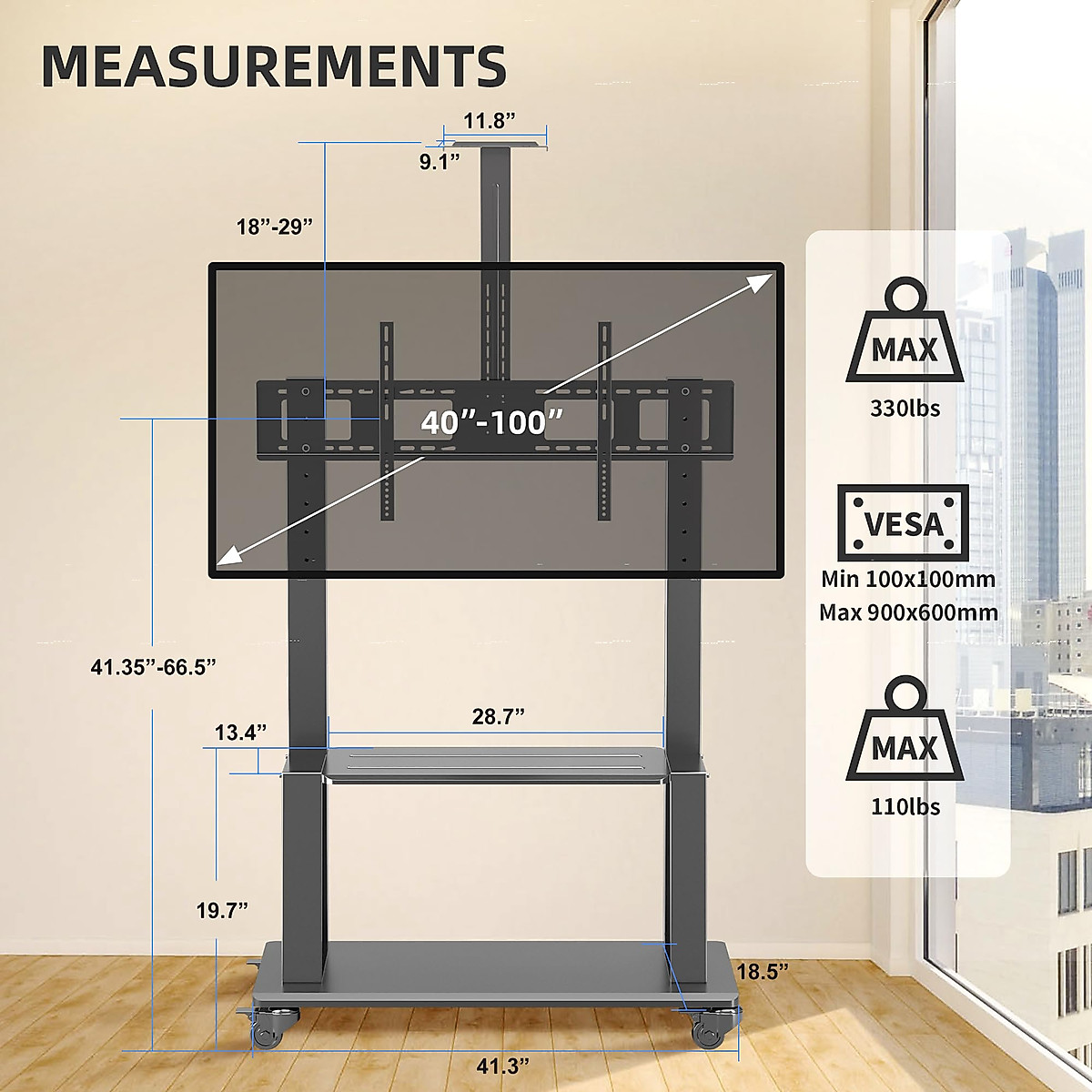 XINLEI Rolling TV Stand with Wheels Heavy Duty Mobile TV Cart for Most 40-100 Inch Flat/Curved Screens, Portable TV Floor Stand with Shelf Large Base, Max VESA 900x600, up to 330 lbs