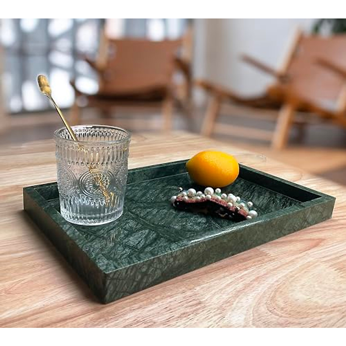 PROCIDA 100% Natural Marble Vanity Tray Green Marble Stone Organizer Tray for Bathroom Kitchen Dresser Perfume, Non-Resin, Non-Ceramic, Thickened & Strengthened Material, 12"x8"