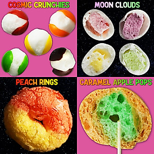 Freeze Dried Candy Variety Pack - Small Sample Pack with 4 Kinds of Freeze Dried Candy - Freeze Dried Cosmic Crunchies, Peach Rings, Moon Clouds and Caramel Apple Comets Shipped in Box for Protection