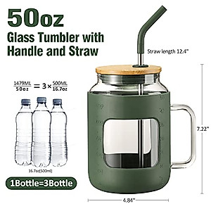 VOKOVO 50 oz Glass Tumbler with Bamboo Lid and Straw, Glass Water Bottles with Handle and Silicone Sleeve Reusable Mug Cup Drinking Glasses for Iced Coffee, Spill Proof, BPA Free,Olive