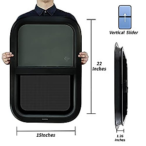 Aucuda RV Windows with Trim Rings, 15" W x 22" H Replacement RV Windows for 1-3/4’’ Wall Thickness, Vertical Slide Trailer Window with Screen, DOT Certification Qualified Camper Window.