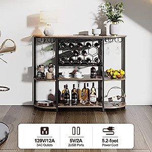 Logianis Wine Rack Table with Outlet and LED Light 47.3 Inch FreeStanding Wine Bar Rack Wooden Rustic Wine Storage with Wine Shelf and Glass Holder Wine Bar Cabinet Rustic Brown