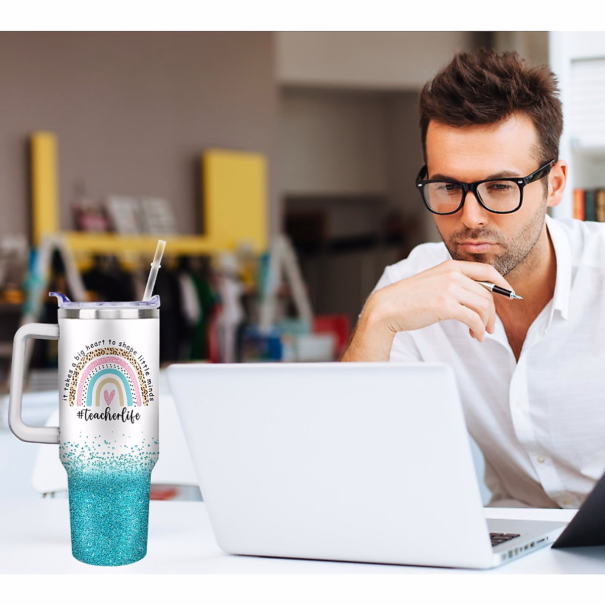 thmasamwr 40oz Teacher Tumbler with Handle, Stainless Steel Teacher Water Bottle Cup, Teacher's Travel Coffee Mug, Thanksgiving,Christmas,Graduation Gifts for Teachers