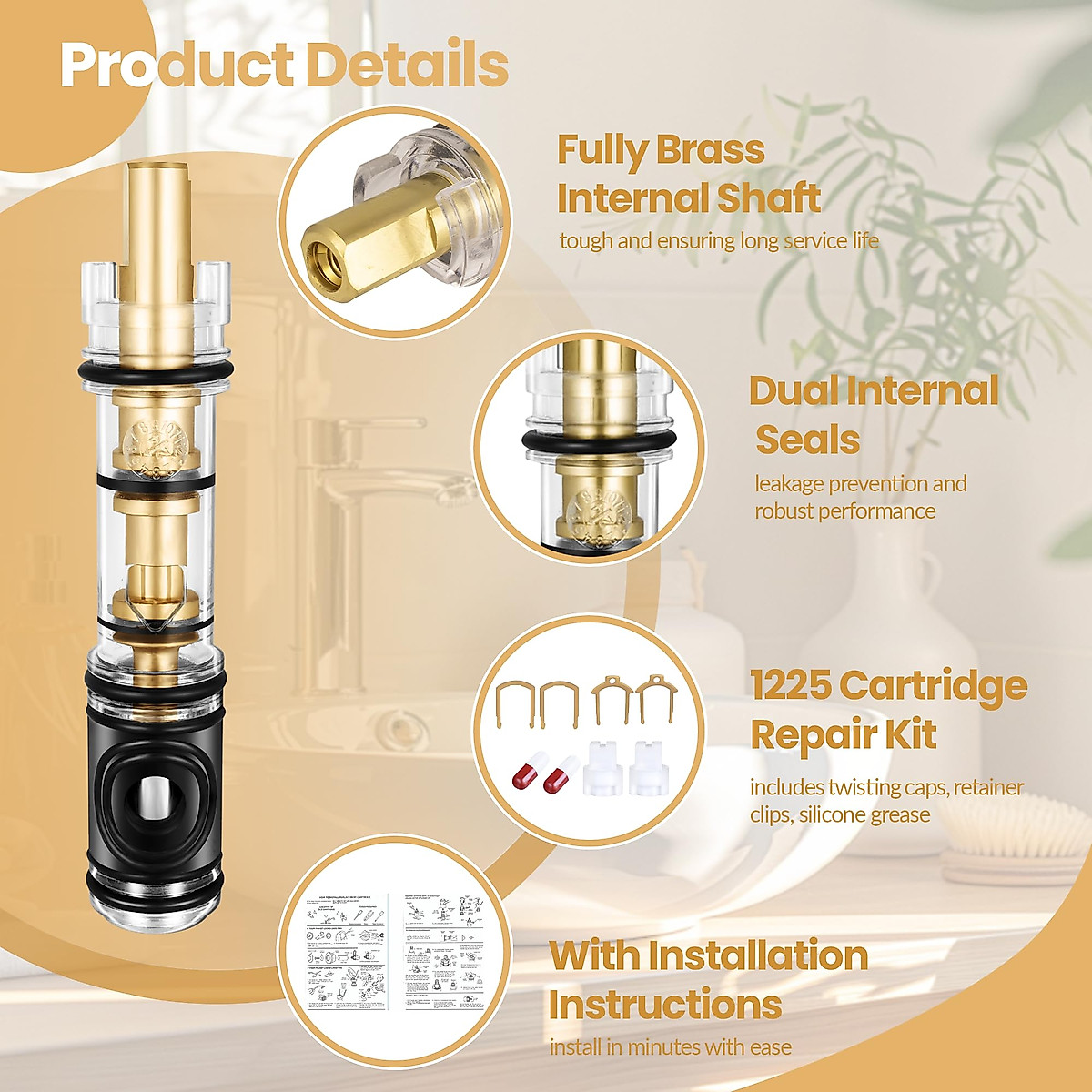 Fluronic 4 Pack 1225 Replacement Cartridge Compatible with Moen Single Handle Faucet/Showers, Dual Seal 1225/1225B Shower Cartridge Replacement Fits Bathroom Shower and Kitchen Sink Faucet Cartridge