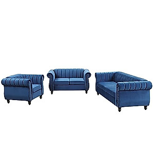 3-Piece Sofa Sets Living Room Sets with Solid Wood legs, Buttoned Tufted Backrest, Frosted Velvet Upholstered Couches Sets Including 3-Seat Sofa, Loveseat and Chair for Living Room (Blue)