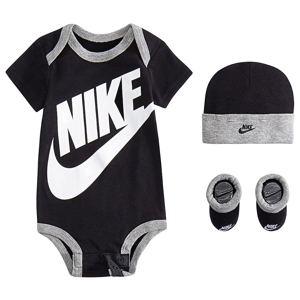 Nike Baby Hat, Bodysuit and Booties 3-Piece Gift Box Set, Black Sportswear, 0/6M