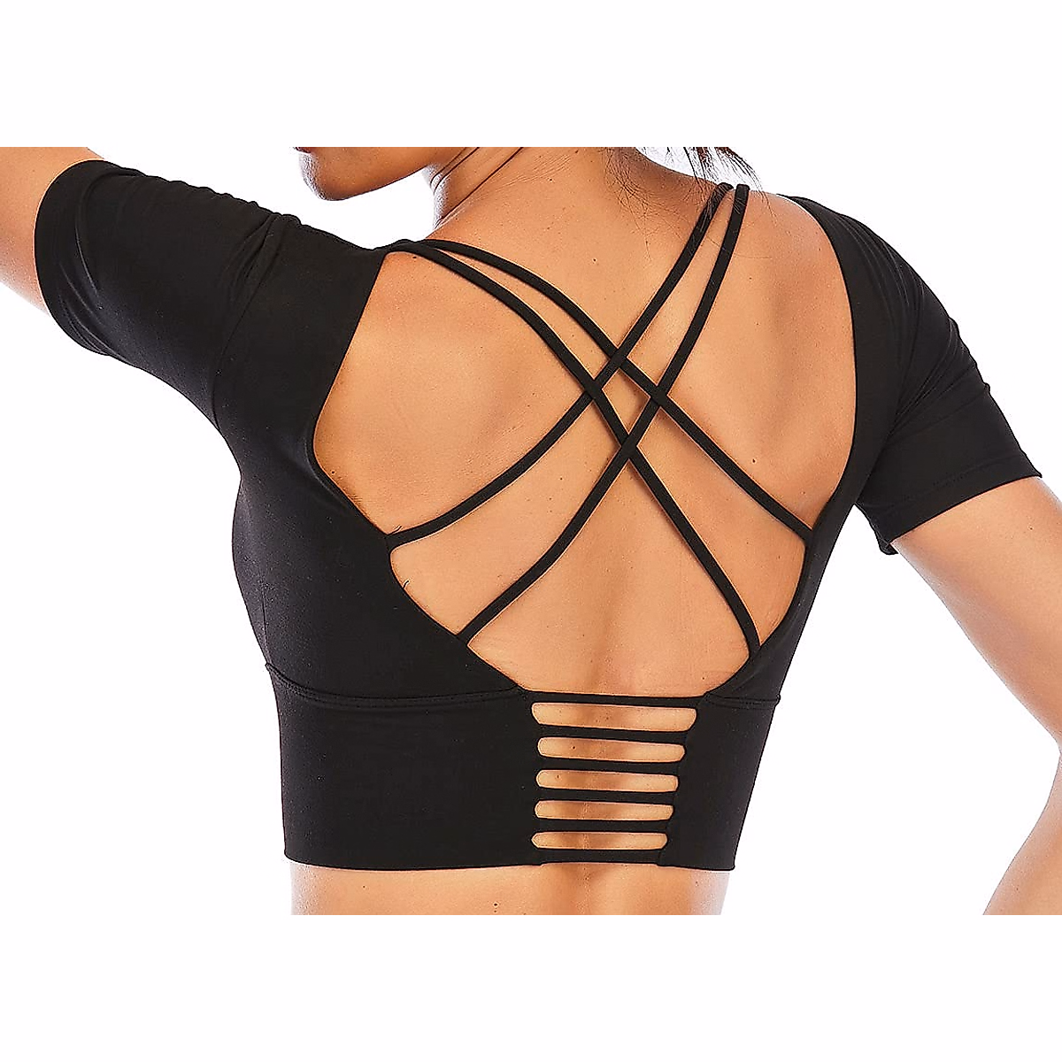 ECUPPER Women Short Sleeve Workout Tops Backless Yoga Gym Shirts Athletic Crop Top with Built in Bra for Fitness Sports Activewear Black