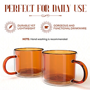 elle decor Double Wall Coffee Mug | Set of 2 | 10-Ounce | Cute Coffee, Tea, and Milk Glass Mugs with Handle | Insulated Tea Cup | Gift Set for Valentines Day, Birthday, & Holidays (Amber)