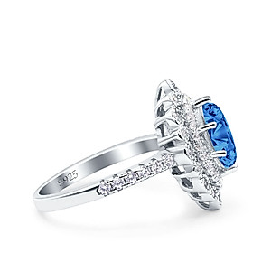 Simulated Blue Topaz CZ Size-7 Halo Vintage Style Art Deco Solitaire Accent Marquise Wedding Engagement Ring Round CZ 925 Sterling Silver