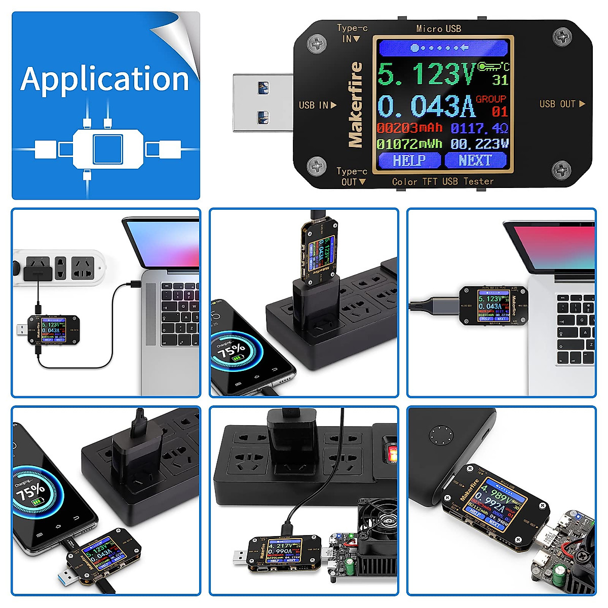 MakerHawk USB Multimeter USB Voltmeter Ammeter Load Tester USB Voltage Current PD Battery Power Capacity Charger Type C Meter Tester LCD Display Cable Resistance QC2.0/3.0/4.0 N10 1.44 Inch Screen