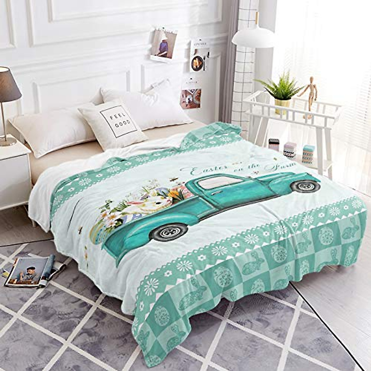 Pinkinco Cute Animals Bunny with Eggs on Truck Blankets, Luxury Cozy Warm Flannel Fleece Throw Blanket, Easter Buffalo Plaid Bedspread for Couch Chair Bed Sofa Travel, 60x80In