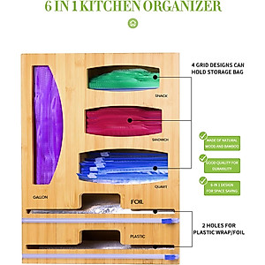 Ziplock Bag Organizer for Kitchen Drawer - 6 in 1 Wrap Dispenser with Cutter, Compatible with Gallon, Quart, Sandwich, Aluminum Foil, Plastic Wrap and Snack Foil and Baggie Storage Rack