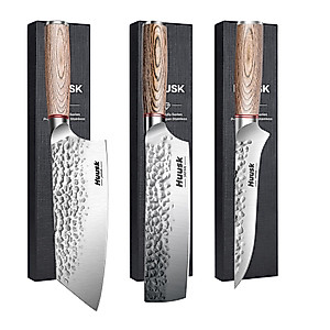 Huusk Japan Knife Professional Kitchen Knife Meat Cleaver Nakiri Knife and Boning Knife Set with Ergonomic Pakkawood Handle and Gift Box for Family Restaurant