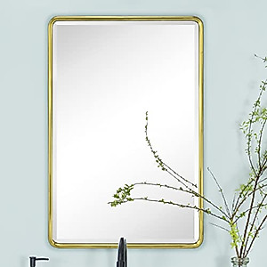 TEHOME Farmhouse Brushed Gold Metal Framed Recessed Bathroom Medicine Cabinet with Mirror Rounded Rectangle Tilting Beveled Vanity Mirros for Wall 16x24''