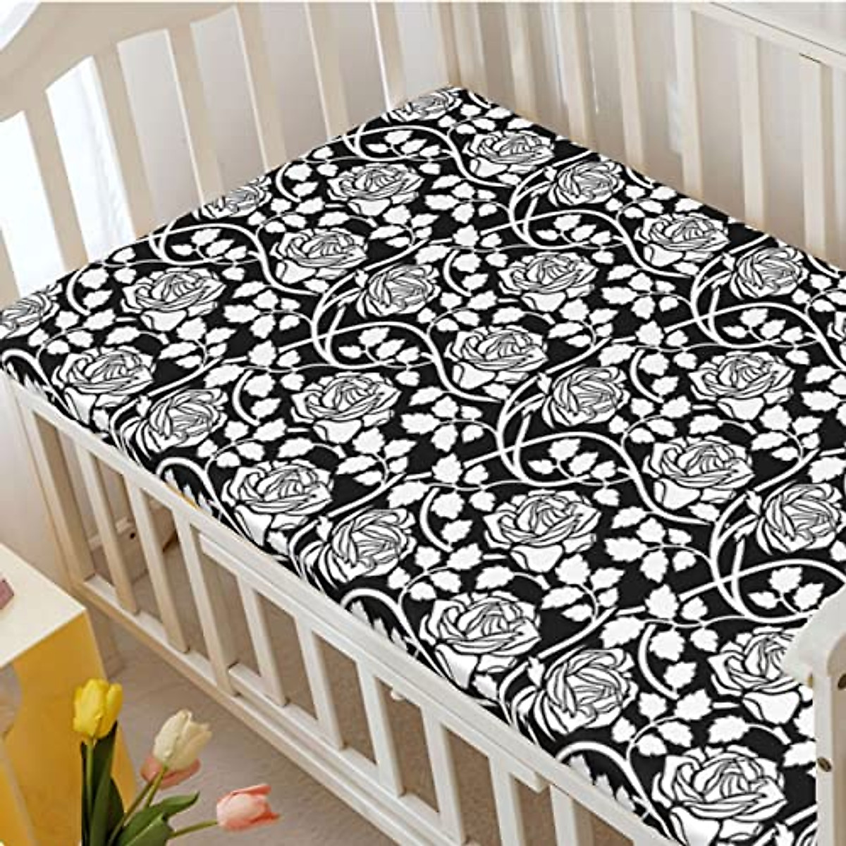 Roses Themed Fitted Crib Sheet,Standard Crib Mattress Fitted Sheet Toddler Bed Mattress Sheets-Great for Boy or Girl Room or Nursery,28“ x52“,White and Charcoal Grey