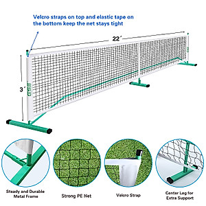 GSE Games & Sports Expert Portable Pickleball Net Set for Driveway with 22FT Regulation Size Net, 4 Paddles, 6 Outdoor Pickleballs, and Carrying Bag, Weather Resistant Metal Frame (Green)