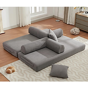 Lin-Utrend 78.5" Loveseat Sofa Fold-Out Sofa Bed,Modern Modular Futon Floor Couch&King Size Bed Mattress with 2 Pillow,DIY Combination Convertible Sleeper Sofa Bed for Living Room Apartment (Gray)
