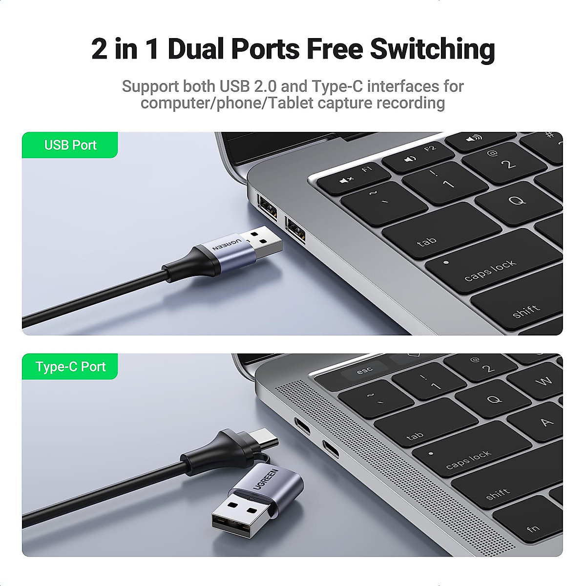 UGREEN Video Capture Card 4K HDMI to USB-A/USB-C HDMI Capture Card Full HD 1080P USB 2.0 Capture Video and Audio Recording for Gaming, Streaming, Teaching, Video Conference