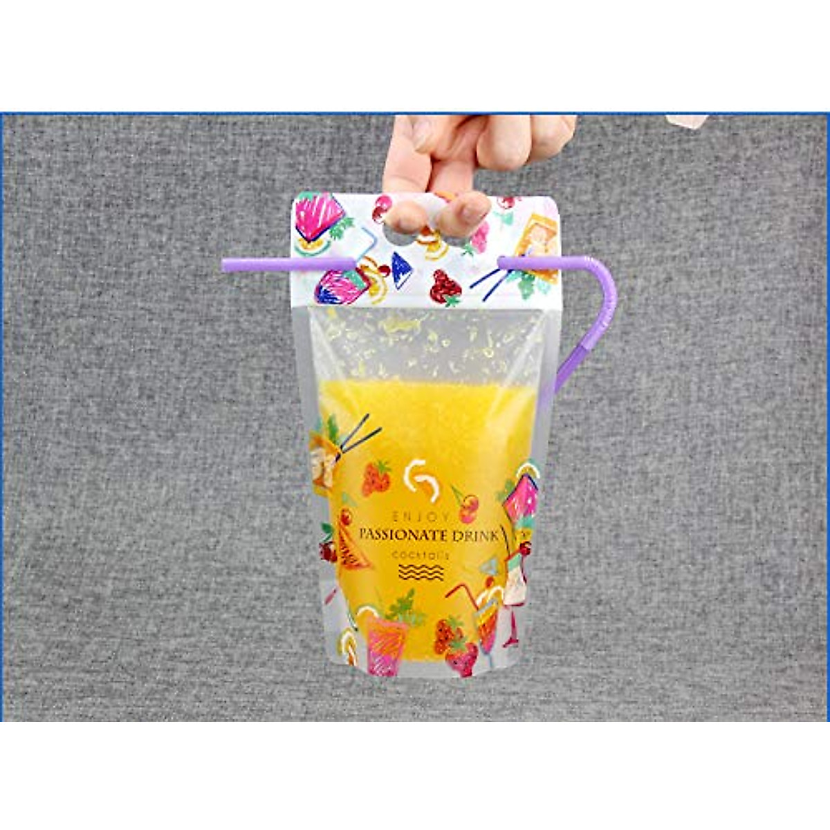 LASLU Zipper Clear Stand-Up Pouches Bags with Plastic Straw,8mil Heavy Duty Hand-held Drinking Bags 1.5" Bottom Gusset, 100 Pack (400ml, Fruits)