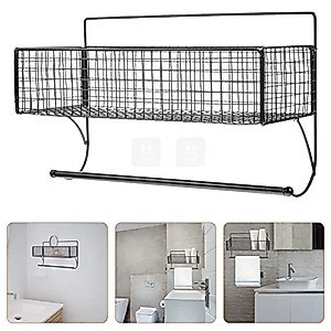 Hemoton Bathroom Towel Rack Grid Basket: Wall Wire Basket with Towel Bar Wall Organizer Shelf Iron Towel Holder for Home Office Wall Storage