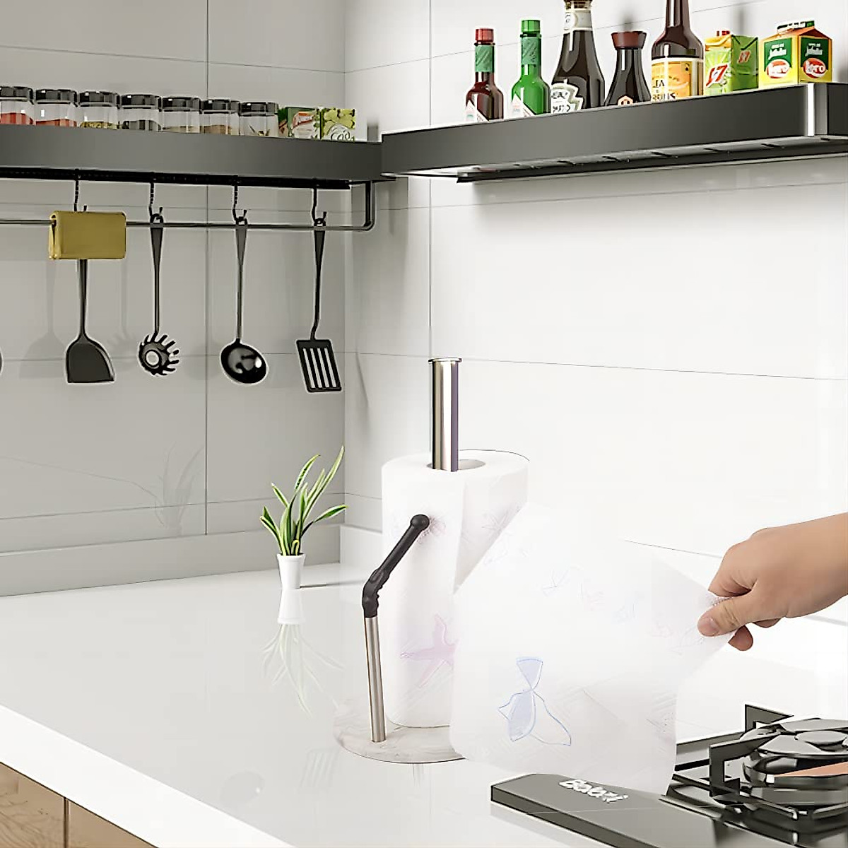 VANNESSE Paper Towel Holder Countertop with Weighted Non-Slip Base for Kitchen,Marble Paper Towel Holder Stand with Spring Arm(Brushed Nickel)