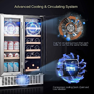 AAOBOSI 24 Inch Wine and Beverage Refrigerator - 19 Bottles & 57 Cans Capacity Dual Zone Wine Cooler - Wine Fridge Built in Counter or Freestanding - 2 Safety Locks and Blue Interior Light