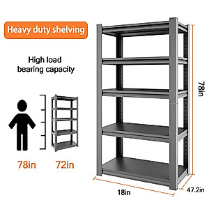 Leariso Garage Shelving Unit, 78" H Garage Storage Shelves Adjustable Heavy Duty Shelving, Metal Shelving Storage Racks Shelves for Storage Warehouse Basement Kitchen, 5-Tier,47.2" W x 18" D x 78" H