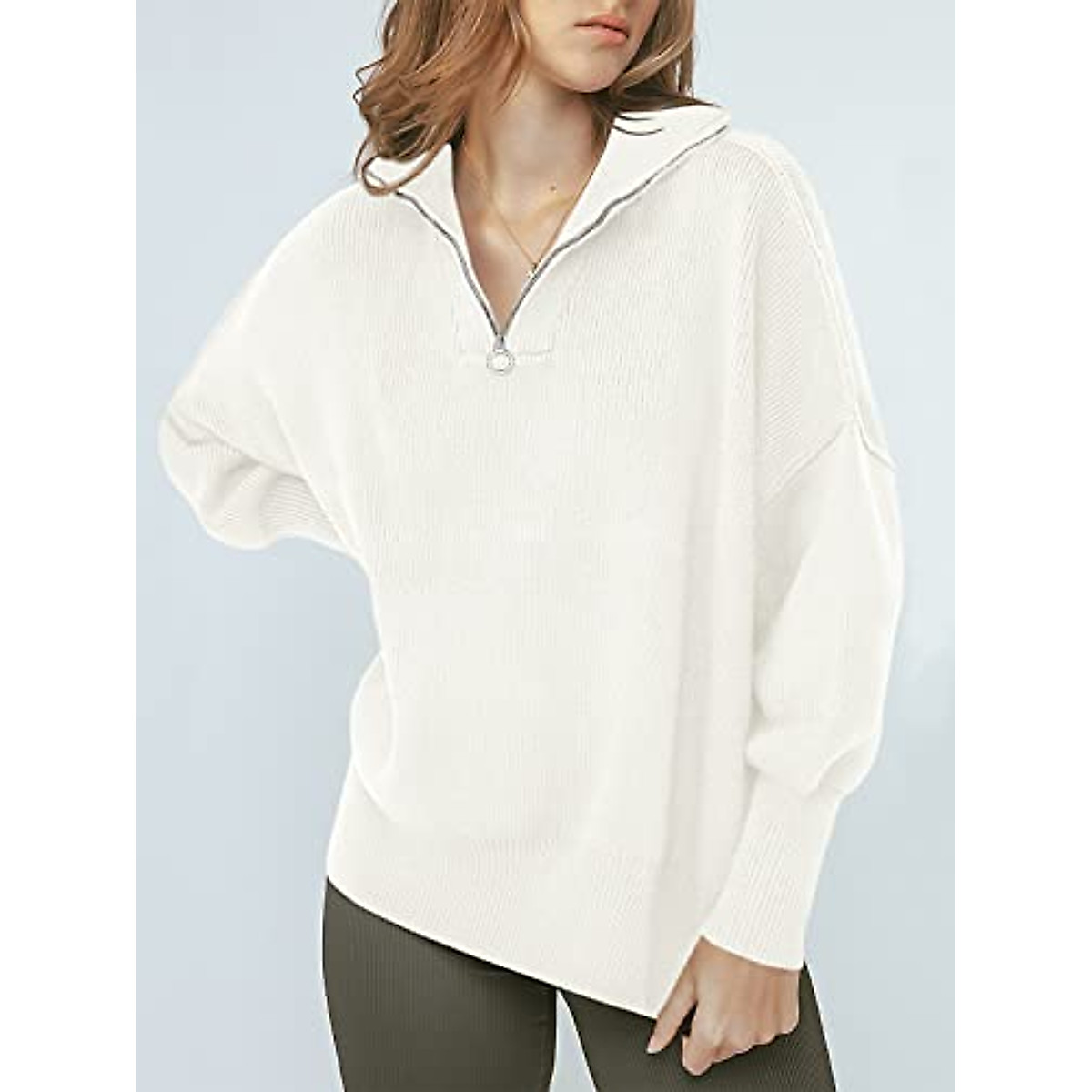 ANRABESS Women's Oversized Fashion Long Sleeve Quarter Zip Baggy Loose Slouchy Sweater Pullover Tops 2024 Fall Outfits White X-Small