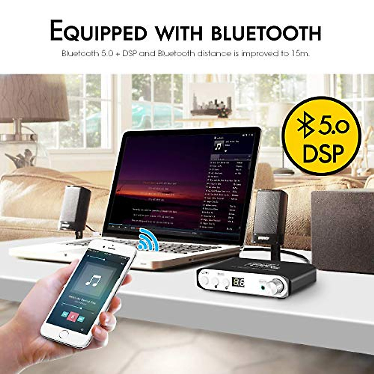 Nobsound 2.1 Channel Hi-Fi Bluetooth Power Amplifier, Mini Stereo Audio Amp with Dual DSP, Subwoofer Output, Desktop Mini Size, Home Theater (Q100)