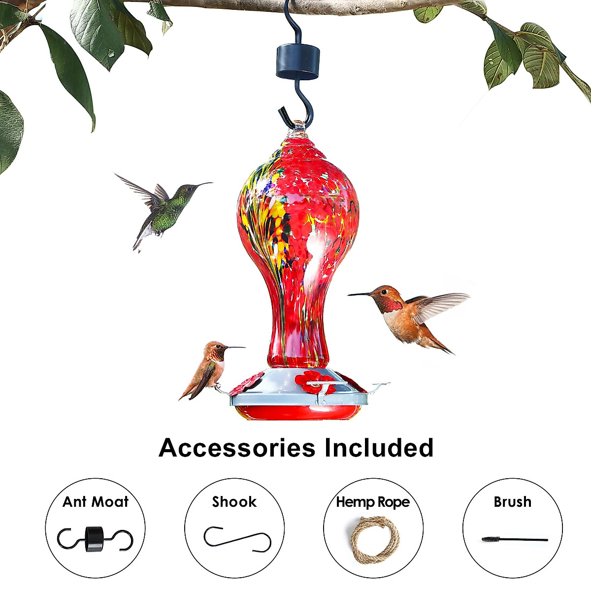 Digipettor Hummingbird Feeders for Outdoors, Hanging Glass Hummingbird Feeder Anti-Ant and Bee Metal Base with 4 Feeding Leak Proof Garden Decor, 25 Oz for Easy Cleaning and Presents-Blue