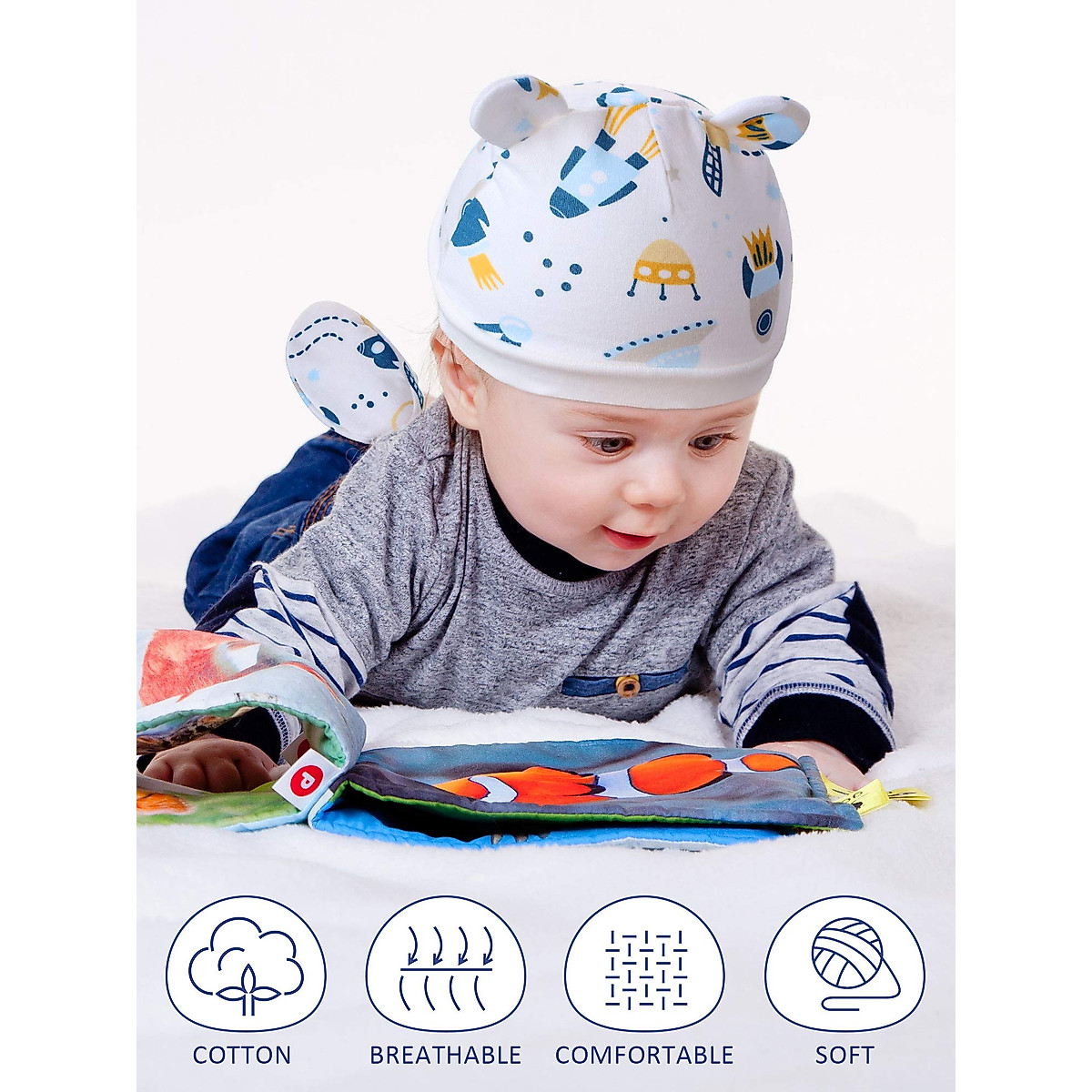 18 Pieces Newborn Cap Mitten Sock, Including 6 Pieces Newborn Hats, 6 Pairs Baby No Scratch Mittens Gloves and 6 Pairs Infant Socks for 0-6 Months Unisex Baby Boys Girls Set Multicoloured