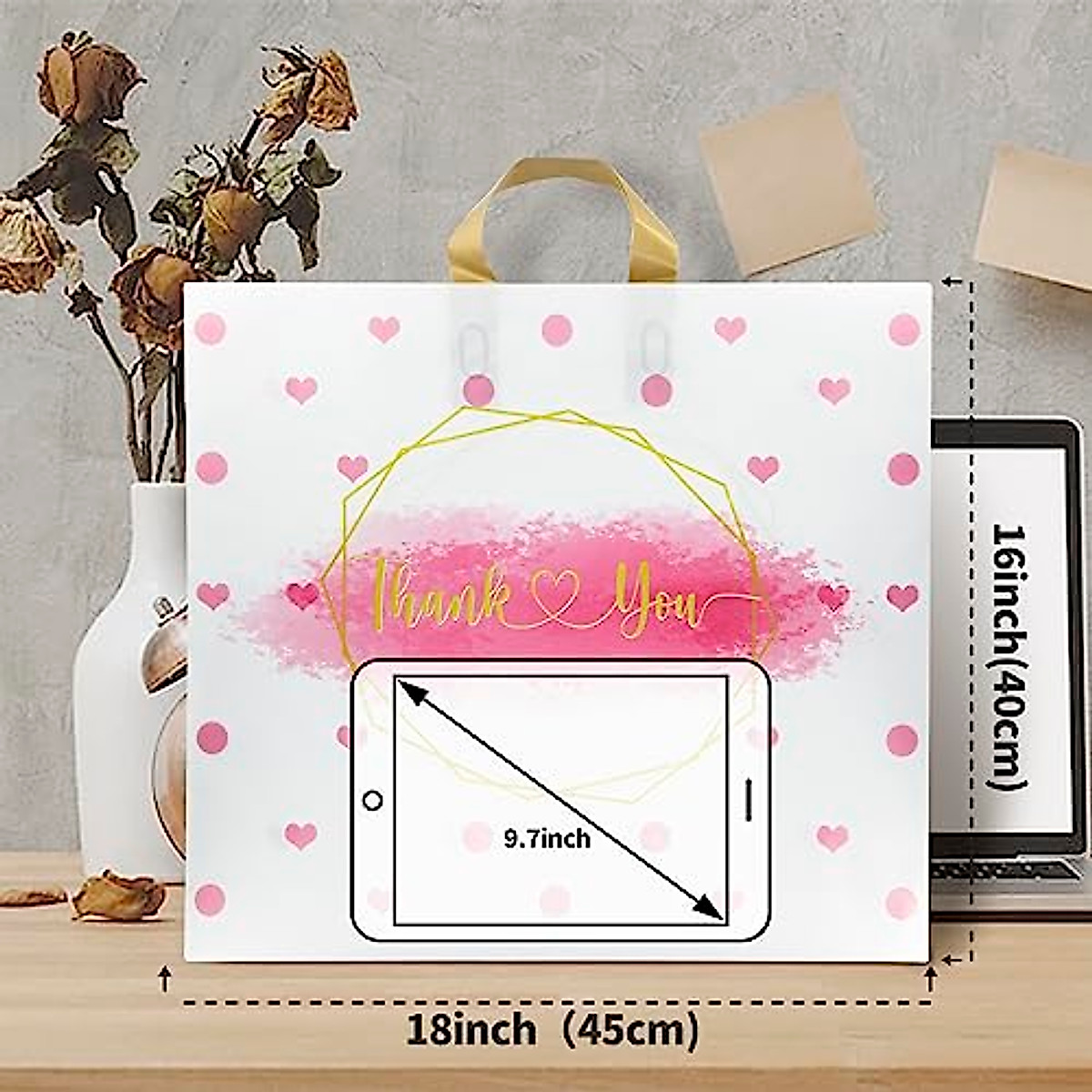 WAKAKO 60Pcs Thank You Bags Plastic Shopping Bags with Handles, Extra Large Thick 18 x 16 Inch Retail Merchandise Gift Bags for Small Business, Polka Dot Heart