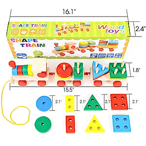 WEMMICKS Wooden Train Toddler Toy, Wooden Blocks for 1-3 Year Old Boys Girls, Montessori Sorting Stacking Toy, Preschool Educational Toy for Kids