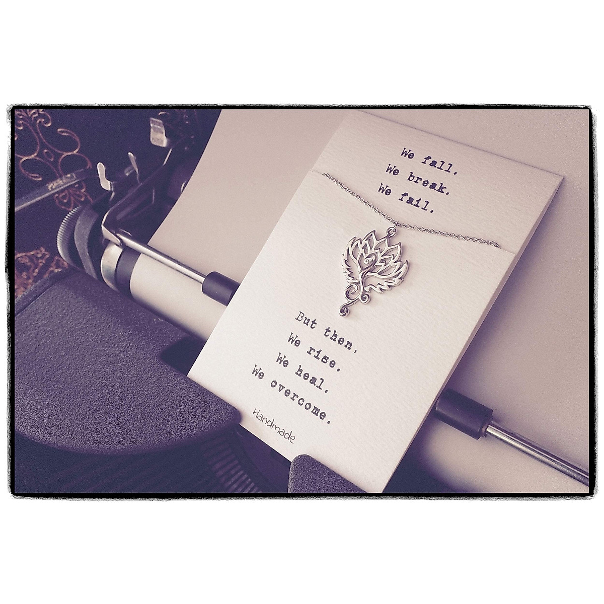 QUINNLYN & CO. Phoenix Om Lotus Flower Pendant Necklace, Handmade Gifts for Women with Inspirational Quote on Greeting Card, Stainless Steel