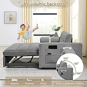 3 in 1 Sleeper Sofa Couch Bed, Small Tufted Velvet Convertible Loveseat Futon Sofa w/Pullout Bed, Adjustable Backrest, Cylinder Pillows, Multi-Pockets for Living Room Apartment, Grey, 55.5"