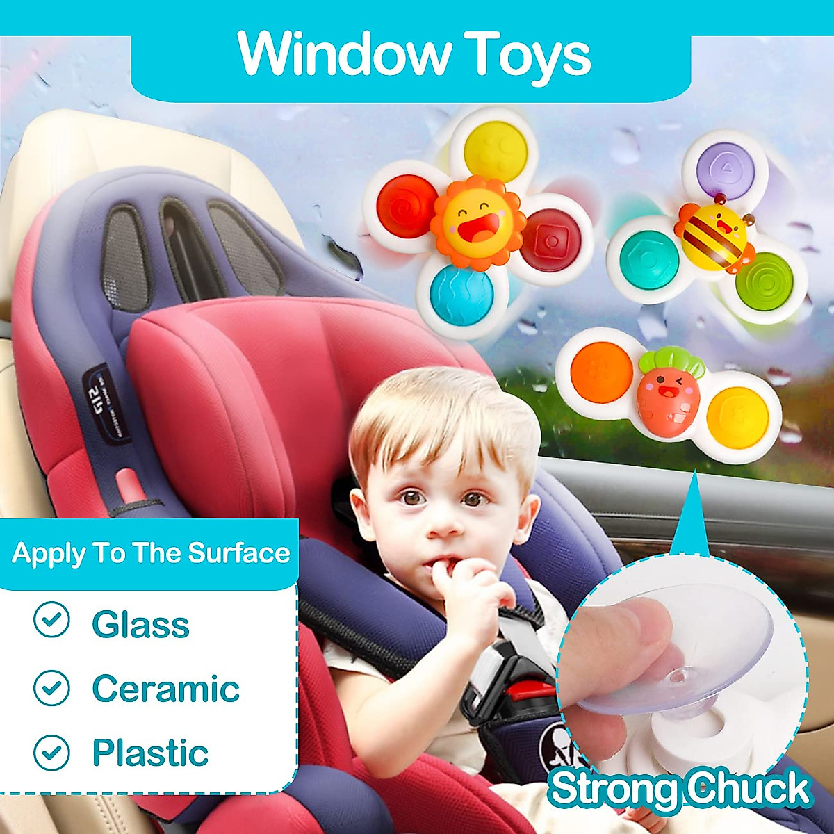 NAODONGLI 3PCS Suction Cup Toy for Baby 12-18 Months Spinning Sensory High Chair Toys Car Window Airplane Travel Toys First Birthday Easter Gift for Toddlers 1 2 3 Year Old Boys Girls
