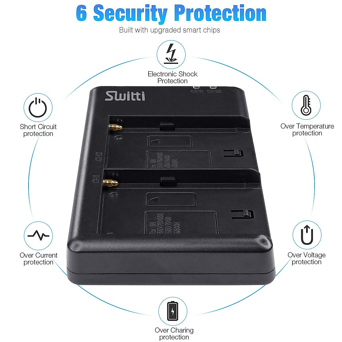 Switti NP-F750 Battery Charger Set, 2 Pack 5600 mAh Replacement Batteries Compatible with NP-F550, F570, F750, F770, F930, F950, FM55H, FM500H, QM71, QM91, QM71D and Video Light