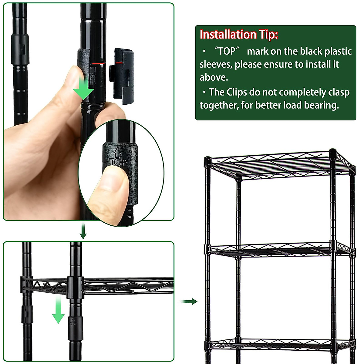 HESESOH 6-Wire Shelving Adjustable Shelves, Standing Storage Shelf for Laundry Bathroom Kitchen Pantry Closet Organization (Glossy Black, 16.6" L x 11.4" W x 64.6" H)