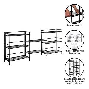Convenience Concepts Xtra Storage 3 Tier Wide Folding Metal Shelves with Set of 2 Extension Shelves - Organizer for Living Room, Office, Bedroom, Garage, Kitchen, Bathroom, Black