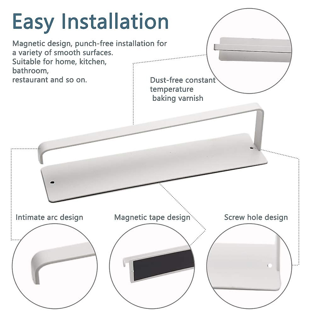 Magnetic Towel Bar, Kitchen Towel Rack Magnetic Paper Towel Holder for Refrigerator Multifunctional Paper Roll Rack Cabinet Towel Bar for Bathroom, Toilet, Drill Free - White