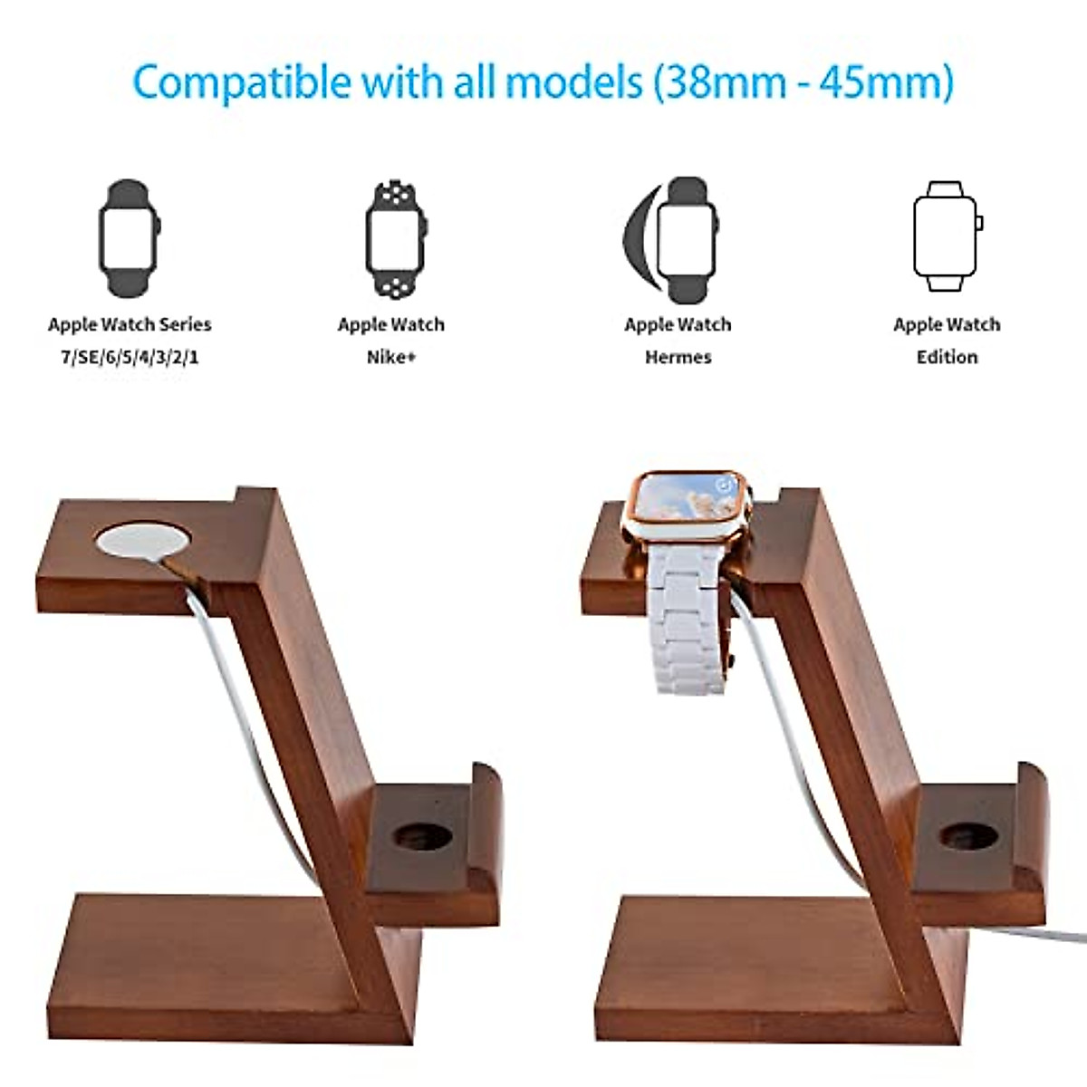 Shevvi Stand for Apple Watch, 2 in 1 Walnut Wood Phone Stand Holder for iPad Tablet, Desktop Stand Charging Dock for iPhone 14 13 12 11 All Series and Apple Watch Series 8/SE2/7/6/SE/5/4/3/2/1