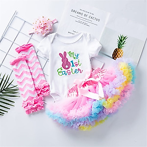 My First Easter Outfits Baby Girl Short Sleeve Rabbit Romper+Tutu Skirt+Headband+Leg Warmers Clothes Set (Pink, 0-3 Months)