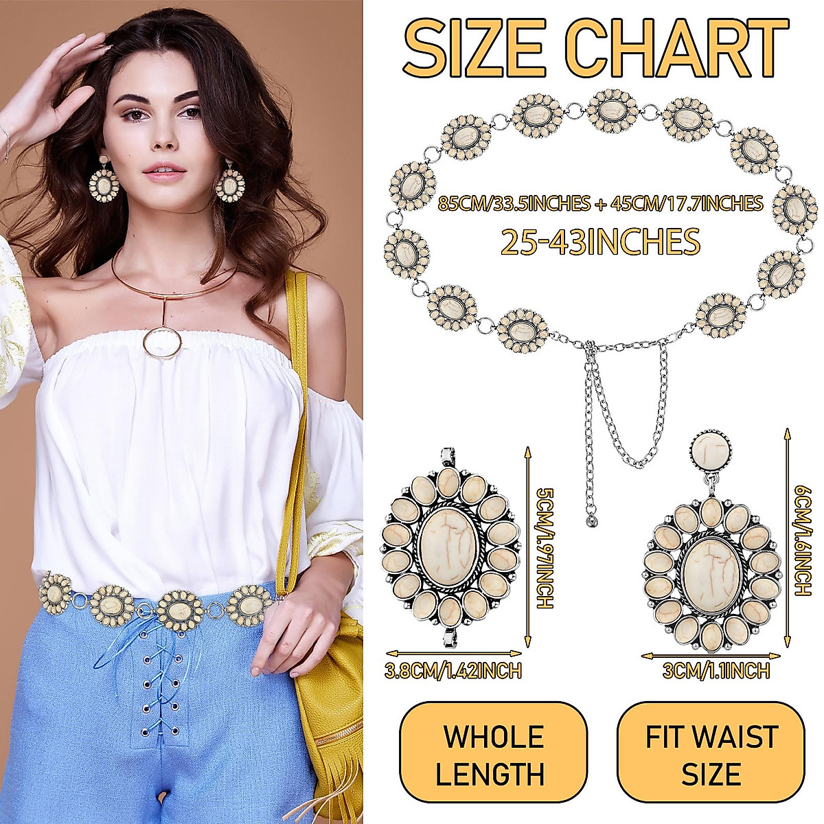 Sasylvia White Turquoise Concho Chain Belt Metal Western Waist Belts for Women Boho Belt Turquoise Drop Earrings (Classic Style)