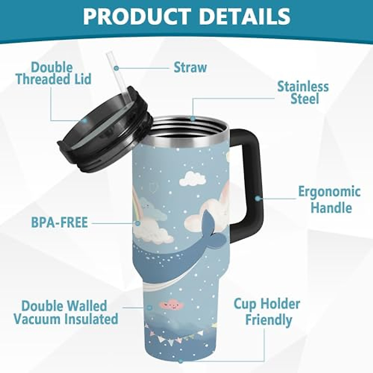 FRCSDIY Rainbow Whale Insulated Tumbler with Handle and Straw Lid,30oz Leakproof Stainless Steel Cup BPA-Free Water Bottle
