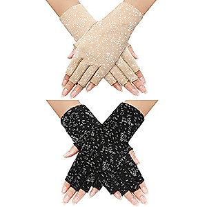 Maxdot 2 Pairs Women Sunblock Fingerless Gloves Non Skid Summer Gloves UV Protection Driving Gloves (Black, Khaki)