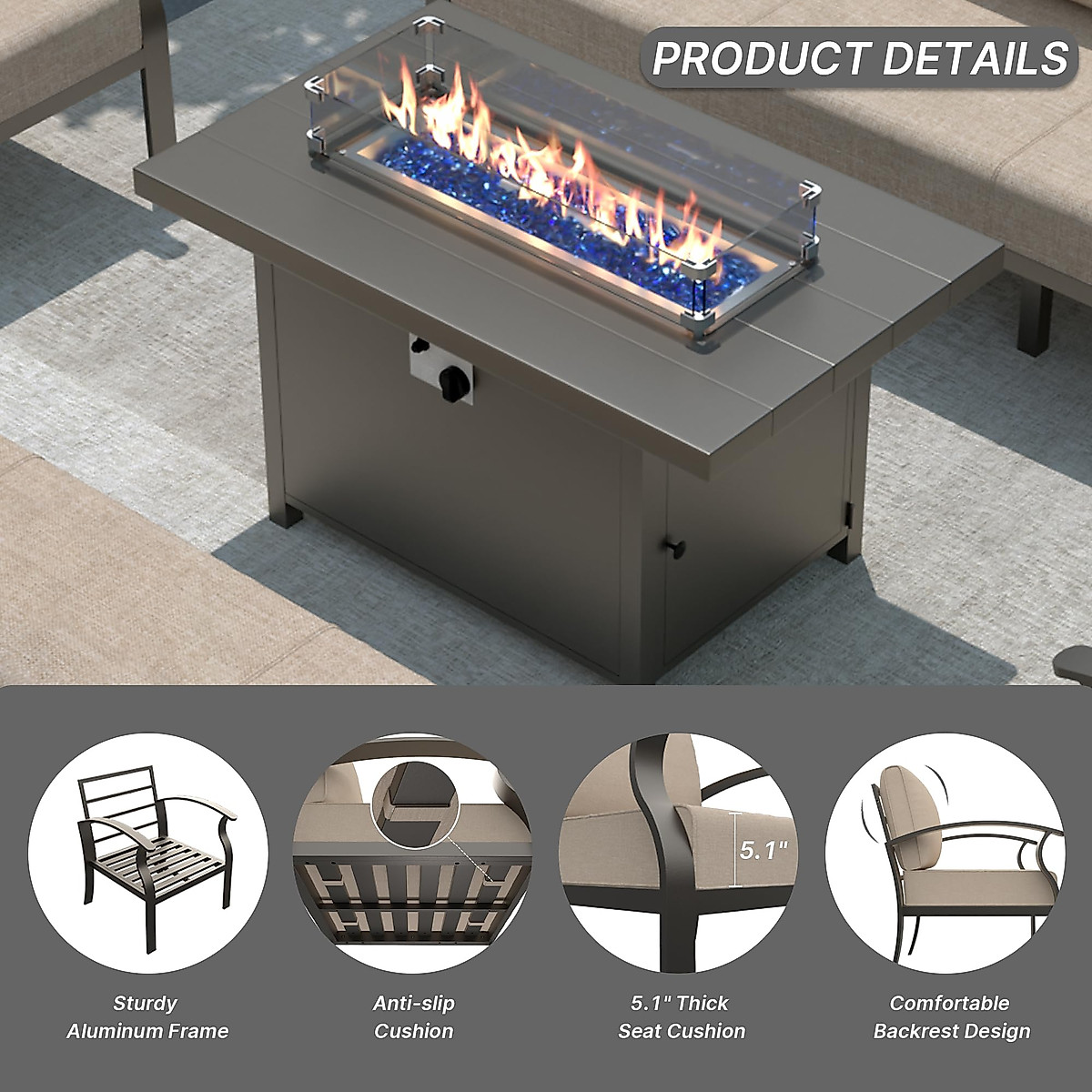 Gotland 6 Seats Outdoor Metal Patio Furniture Set with 55,000 BTU Gas Fire Pit Table w/Glass Wind Guard Patio Conversation Sectional Sofa Sets-Khaki