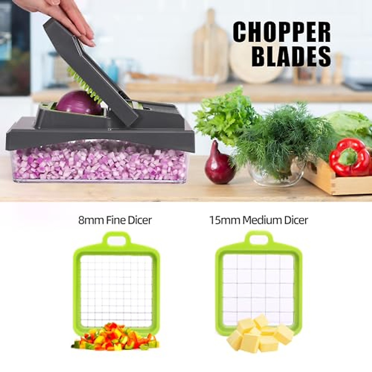 RüK Vegetable Chopper, Cheese Slicer, Food Chopper, Veggie Chopper, Onion Chopper, Salad Chopper, Mandoline Slicer & Cheese Grater, Vegetable Chopper with Container, (10 in 1 - Gray)