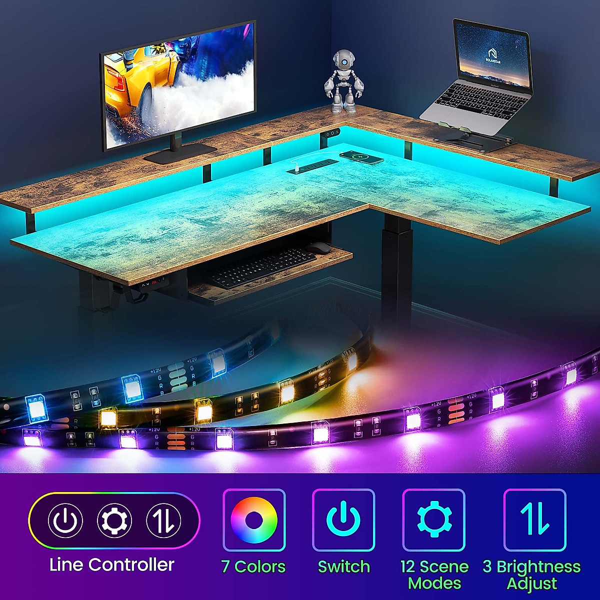 Rolanstar L Shaped Standing Desk with LED Light and Power Outlet, Dual Motor Height Adjustable Electric Standing Desk with Monitor Stand & Keyboard Tray, 61.2" Sit Stand Desk Rustic Brown