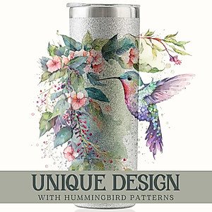 Onebttl Hummingbird Gifts For Women, Her and Hummingbird Lovers - 20oz/590ml Stainless Steel Insulated Glitter Tumbler with Straw - Hummingbird Skinny Tumbler, Coffee Cups - (Sliver)